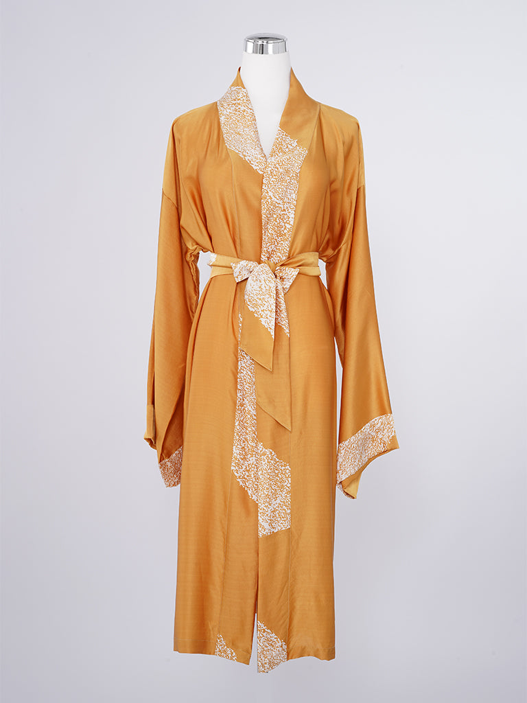 Midi Canopy motif Gold Silk Robe – Suria Artisan Batik